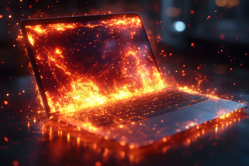 Fiery Laptop Display Concept for Technology Overload or Data Breach ...