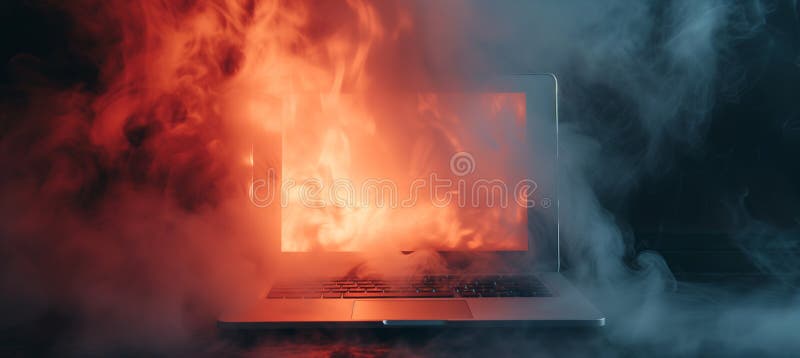 Fiery Laptop Engulfed in Smoke on Dark Background, Realistic Scene ...