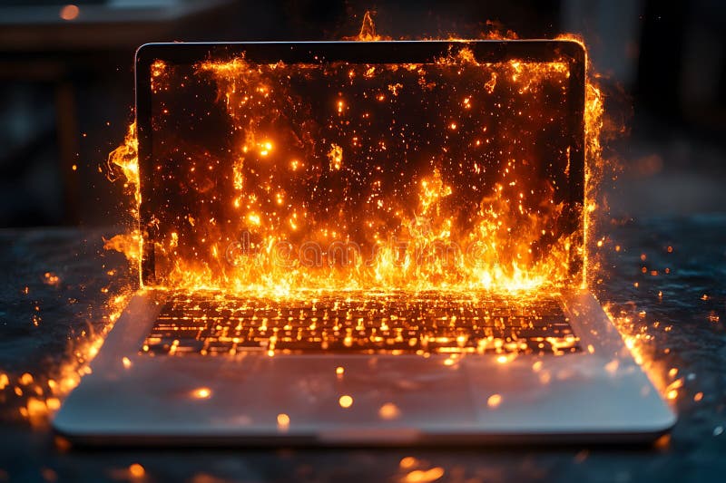 Fiery Laptop Scene: Concept of Technology Overload and Data Loss Risk ...