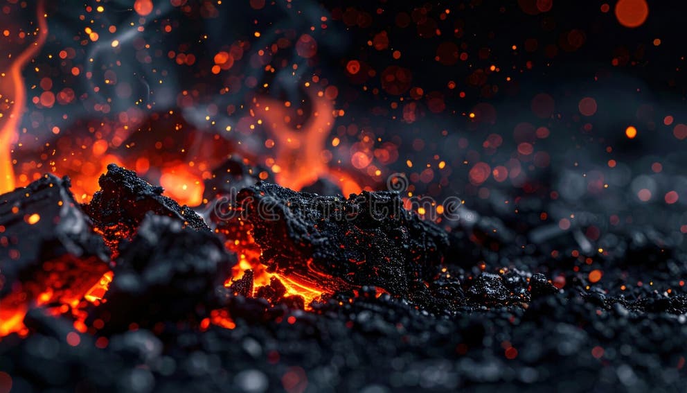 Fiery Lava Eruption Scene, Microscopic View of Ember Formation, Fire ...