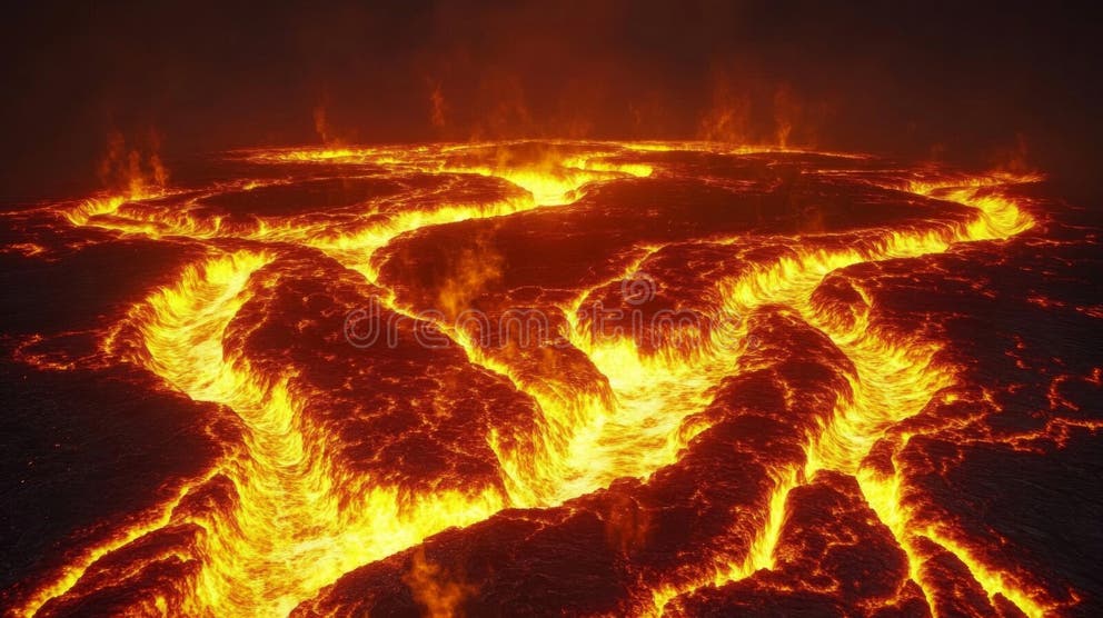 Fiery Lava Flow Landscape at Night Stock Illustration - Illustration of ...