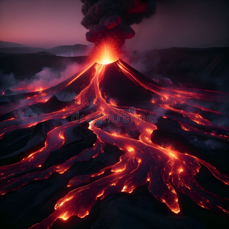 Fiery Lava Flows on Volcanic Landscape Stock Illustration ...