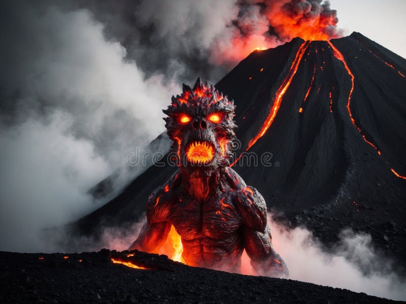 Fiery Lava Monster Emerging from Volcano. Stock Photo - Image of ...