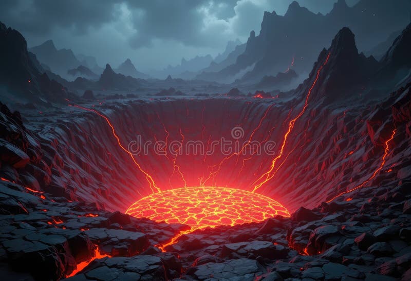 Fiery Lava Pit Landscape with Volcanic Activity and Mountain Scenery ...
