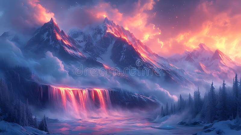 Fiery Lava Waterfall in Snowy Mountains at Sunset Stock Illustration ...