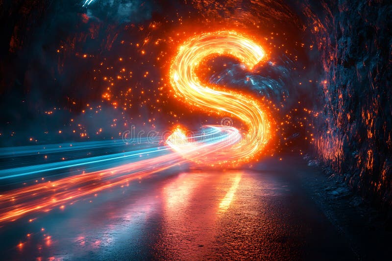 Fiery Letter S with Abstract Light Trails on a Dark Reflective Surface ...