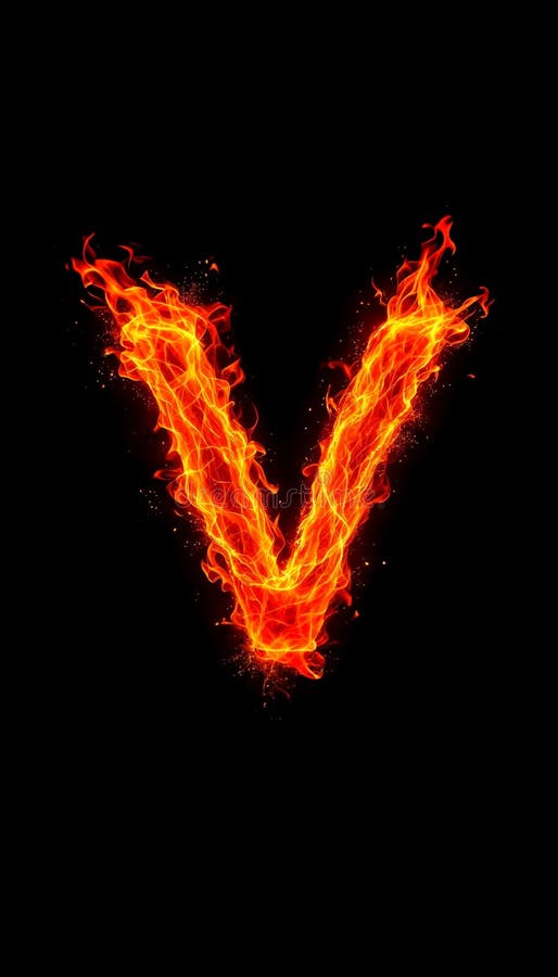 Fiery Letter V on a Dark Background with Flames Stock Illustration ...