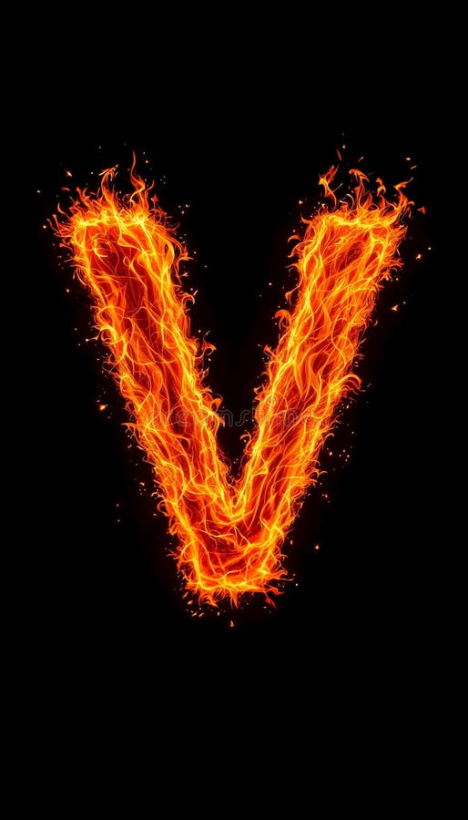 Fiery Letter V on a Dark Background with Flames Stock Illustration ...