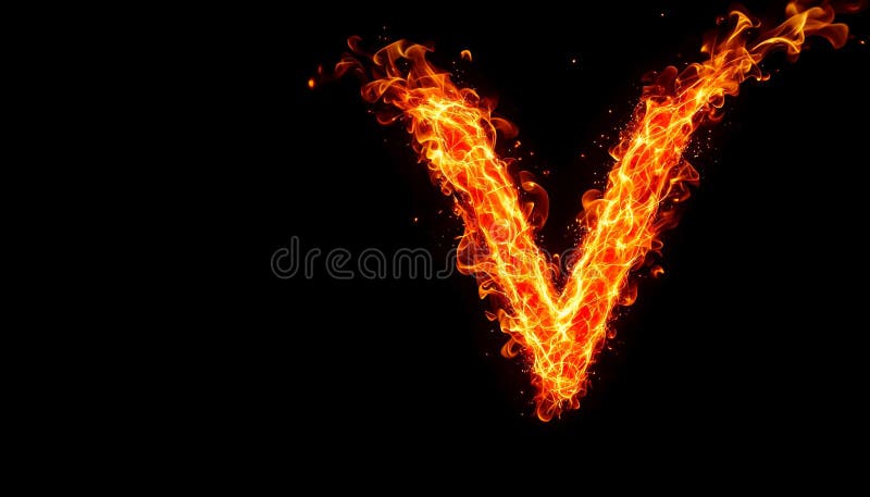 Fiery Letter V on a Dark Background with Flames Stock Illustration ...
