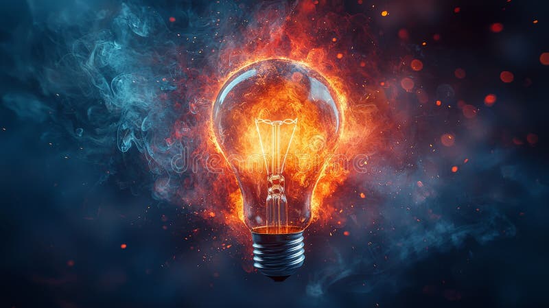 Fiery Light Bulb Glowing with Intense Flames in Dark Atmosphere Stock ...