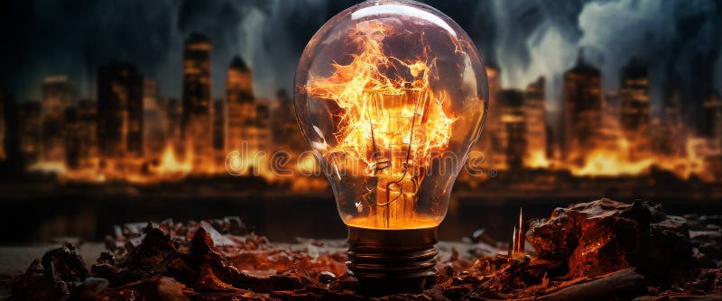 Fiery Light Bulb Glowing in a Post-apocalyptic Cityscape Stock Image ...