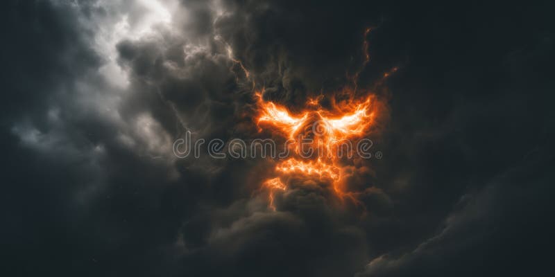 Fiery Lightning Devil Head through the Dark Clouds. Stock Illustration ...