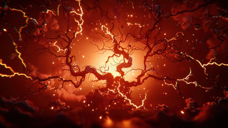 A Fiery, Lightning-filled Tree with a Radiant Glow, Surrounded by ...