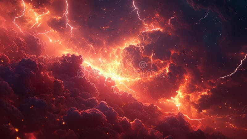 Fiery Lightning Storm with Red Clouds and Stars Stock Illustration ...