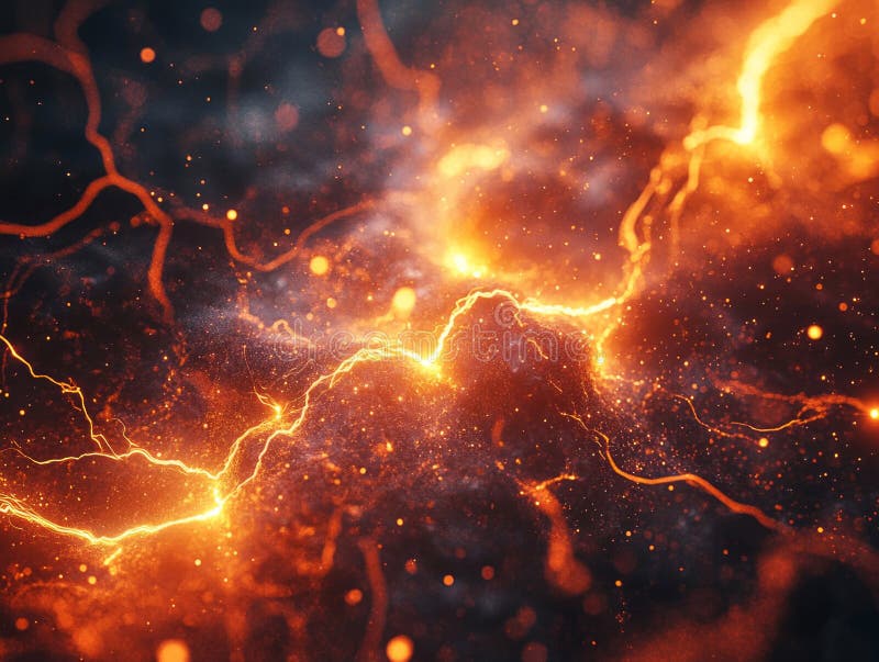 Fiery Lightning Striking through Dark Clouds and Glowing Particles ...