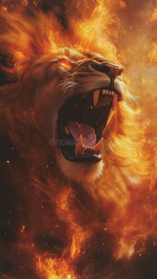 Fiery Lion in Flames, Roaring in Anger. Power and Strength Concept ...
