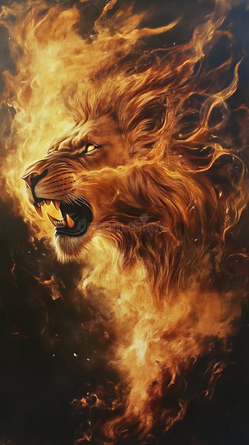 Fiery Lion Head in Flames, Digital Artwork. Power and Strength Concept ...