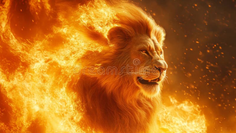 Fiery Lion in Intense Flames Against Dark Background Stock Illustration ...