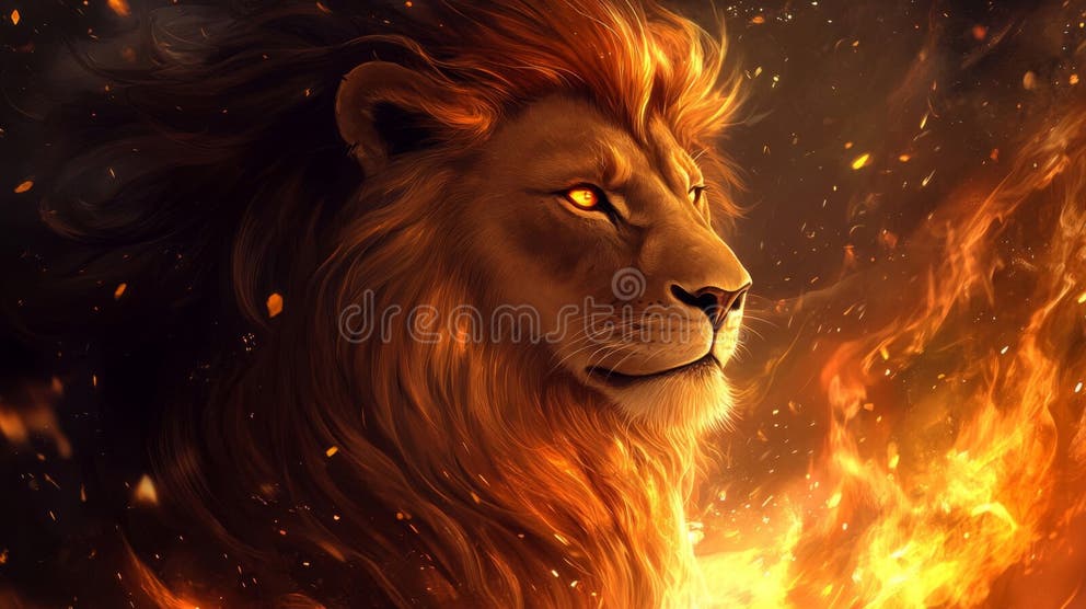 Fiery Lion Portrait in Dark Background Stock Illustration ...