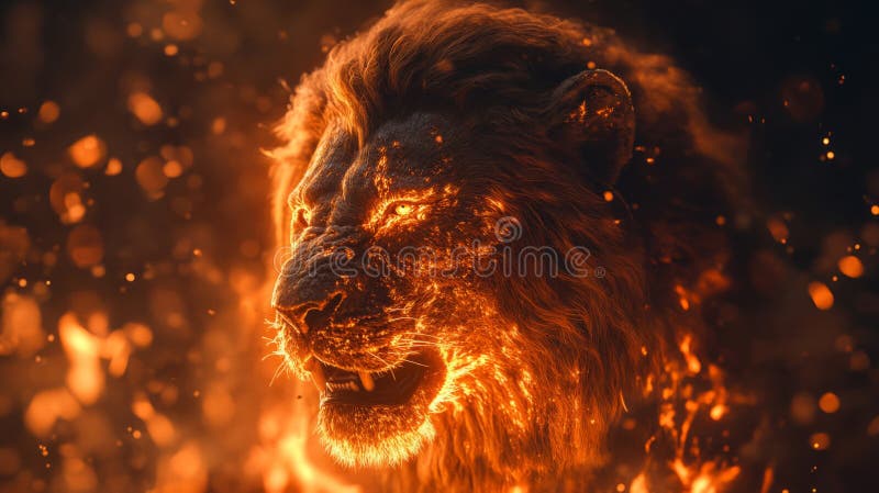 Fiery Lion Portrait: Intense Glowing Mane in Dark Background Stock ...