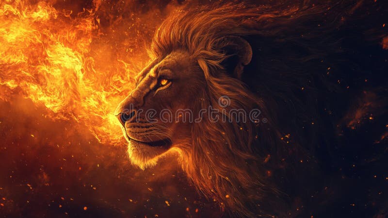 Fiery Lion Profile in Dark Background Stock Illustration - Illustration ...