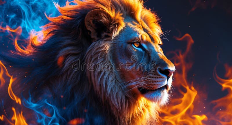 Fiery Lion Profile Vibrant Blue Orange Flames Digital Art Stock Photo ...
