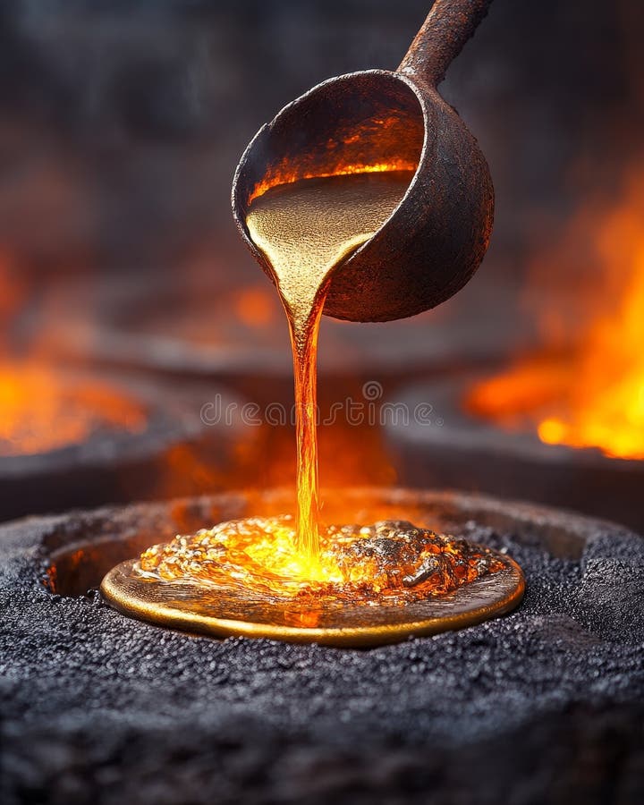 Fiery Liquid Metal Streams from Ancient-looking Ladle, Dramatic ...