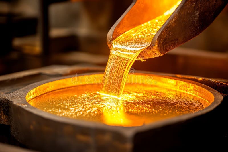 Fiery Liquid Metal Streams from Large Crucible into Mold, Intense Heat ...