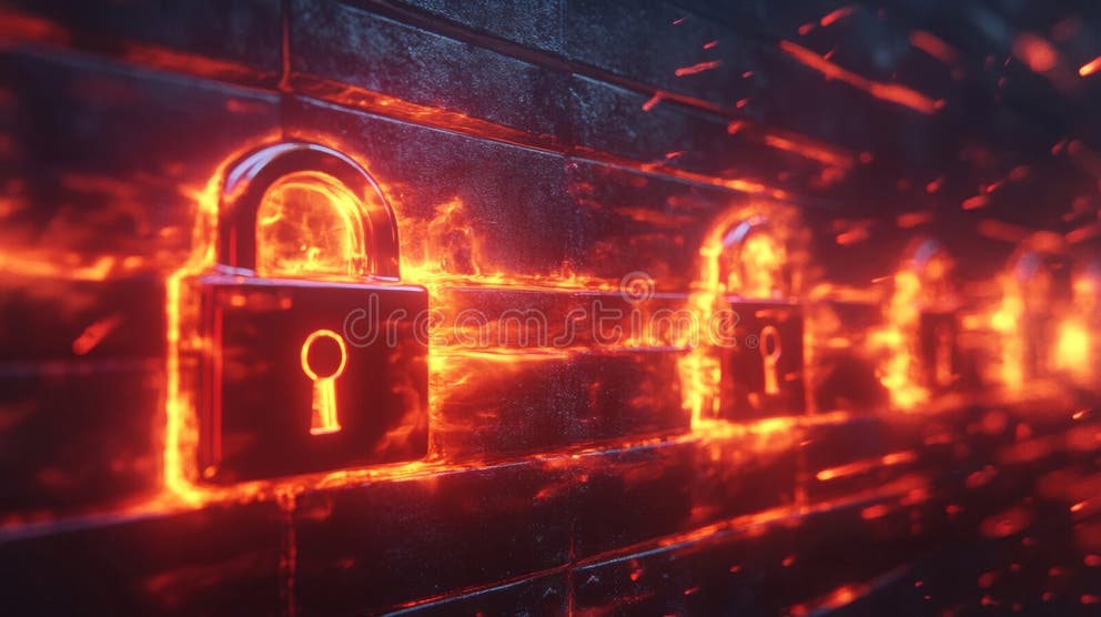 Fiery Locks on a Brick Wall: a Digital Security Metaphor Stock ...