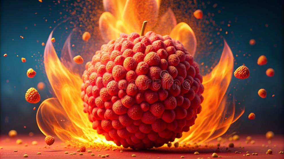 Fiery Lychee Explosion. Abstract Art of Fruit and Flames Stock ...