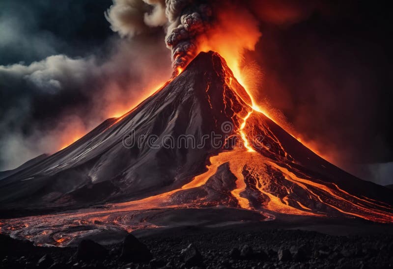 Fiery Magma Cascades Down the Slopes of the Volcano, Surrounded by ...