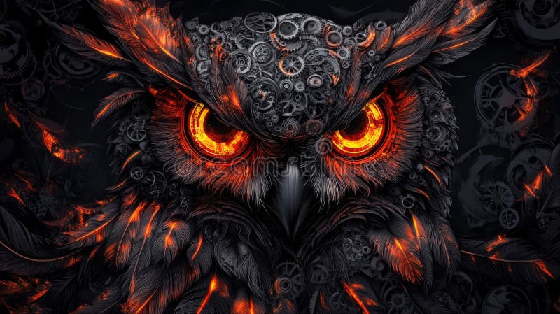 Fiery Mechanical Owl: Dark Fantasy Art Stock Illustration ...