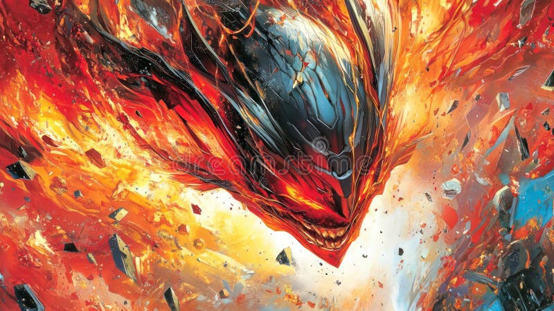 A Fiery, Menacing Figure Emerges from an Explosive Background ...