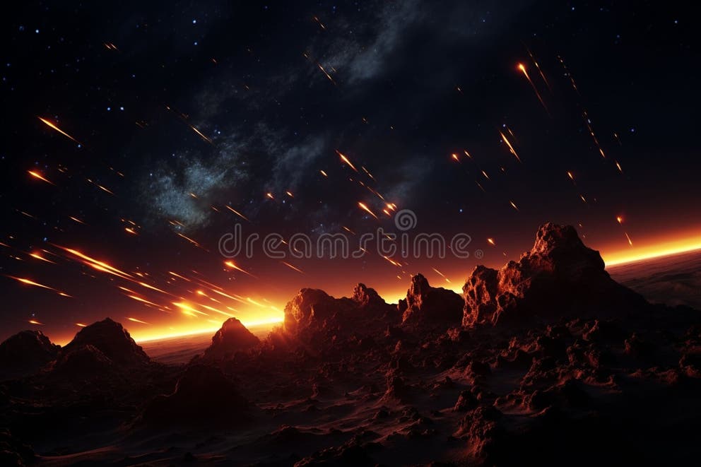 Fiery Meteor Shower Lighting Up the Night Sky with Stock Image - Image ...