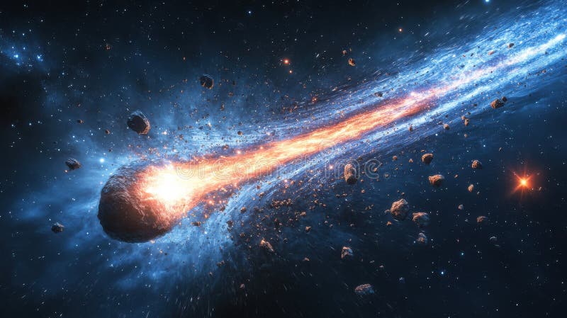 Fiery Meteor Soaring through Space with Bright Trail and Asteroids ...