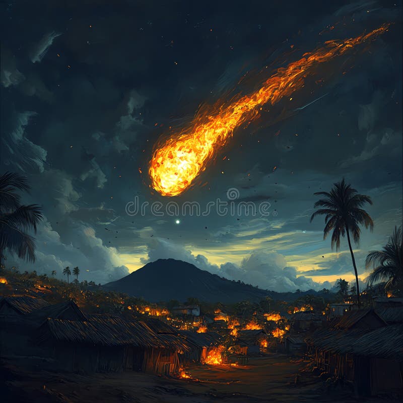 Fiery Meteor Streaks Across the Sky Above a Village Stock Illustration ...