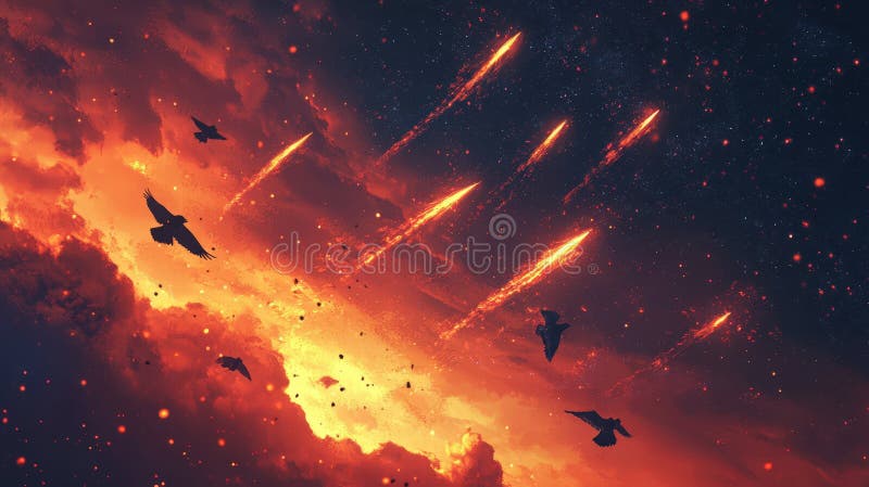 Fiery Meteors and Birds Soar through a Burning Sky Stock Illustration ...