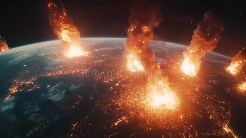 Fiery Meteors Crashing into Earth, a Scene of Cosmic Chaos Stock ...