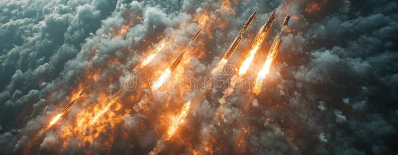 Fiery Missiles Exploding through Clouds - Dramatic Aerial View Stock ...