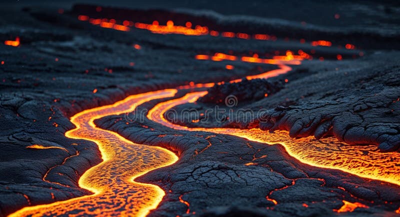 Fiery Molten Lava Flow on Dark Ground Creates a Path Stock Image ...