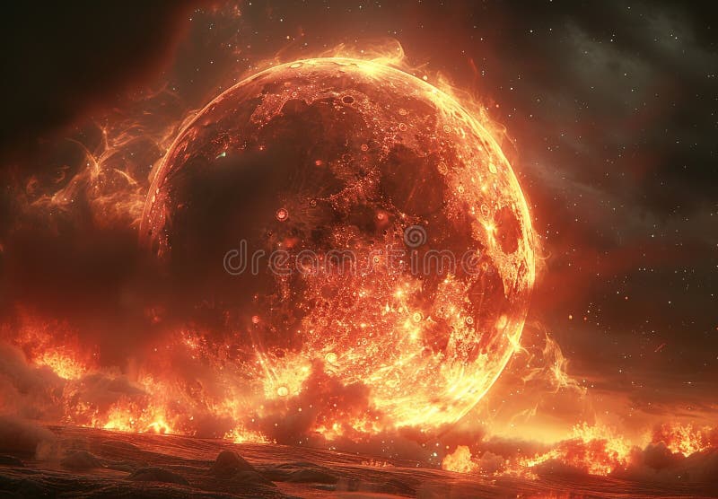 Fiery Moon: a Blazing, Apocalyptic Celestial Scene Stock Illustration ...