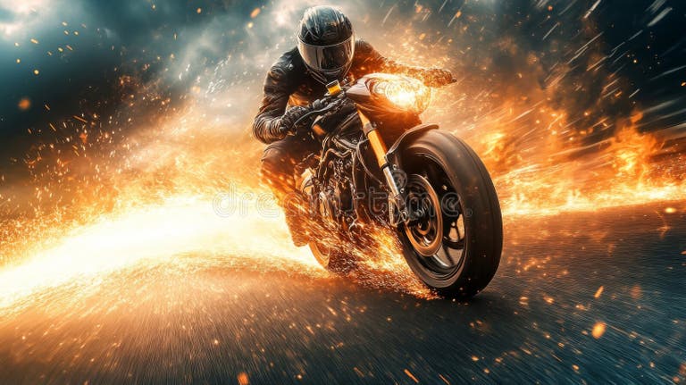 Fiery Motorcycle Ride at Night: a Dramatic Action Scene Stock ...