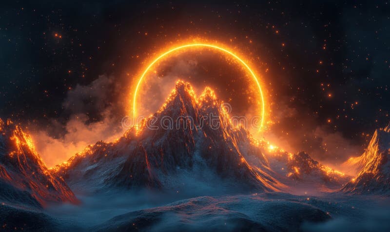 Fiery Mountain Landscape with Glowing Sun and Starry Night Sky Stock ...