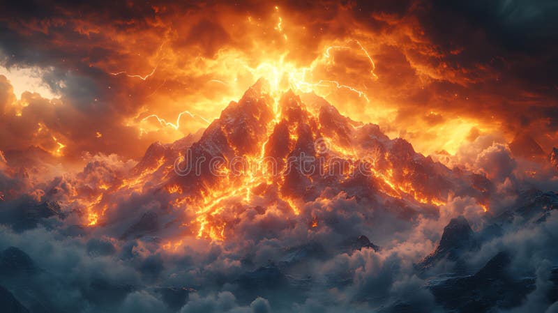 Fiery Mountain Peak, Lightning Storm, Cloudscape, Fantasy Art, Game ...
