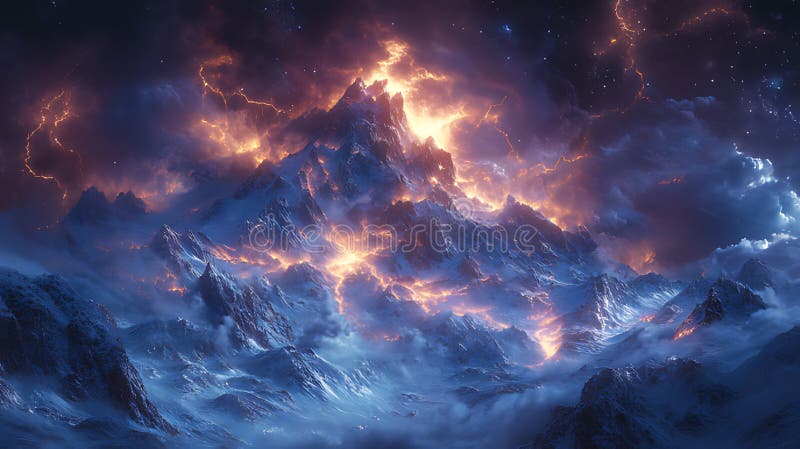 Fiery Mountain Peak, Night Sky, Fantasy, Game Background Stock ...