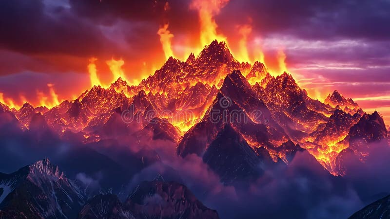 A Fiery Mountain Range with a Glowing Red Sky Stock Video - Video of ...