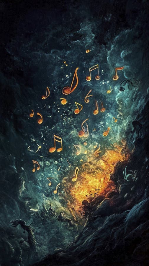 Fiery Music Notes Ascending in a Cosmic Scene Stock Illustration ...