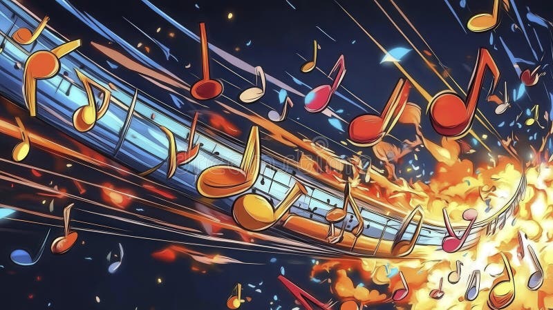 Fiery Music Stream with Lively, Dynamic Notes Flow Stock Illustration ...