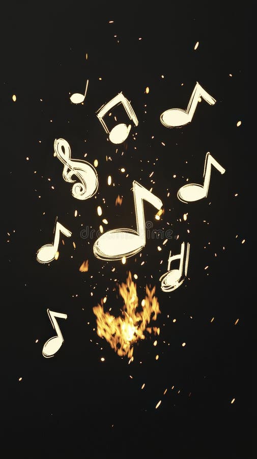 Fiery Musical Notes Burst Against a Dark Backdrop Stock Illustration ...
