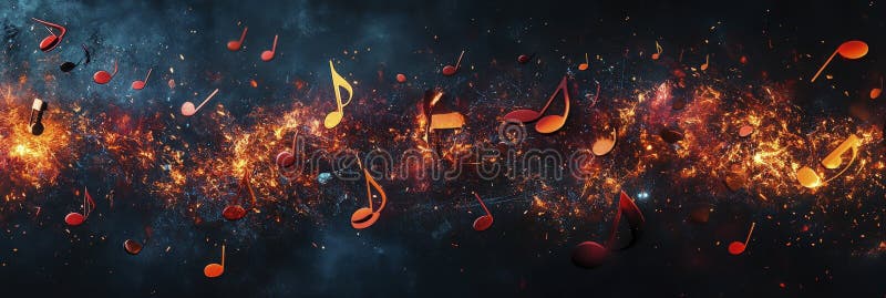 Fiery Musical Notes Floating in Cosmic Fireworks Stock Illustration ...